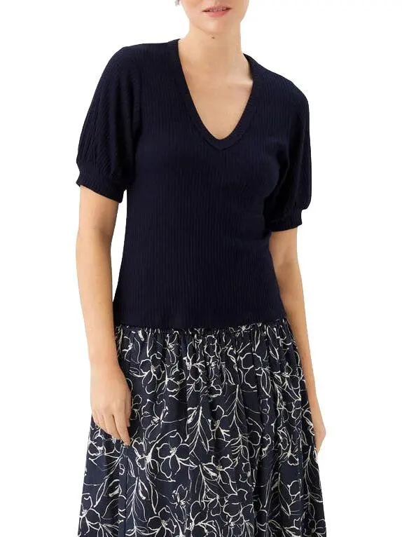 Karen Kane Puff Sleeve Ribbed V-neck Top - Navy