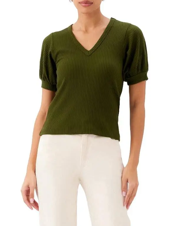 Karen Kane Puff Sleeve Ribbed V-neck Top - Olive