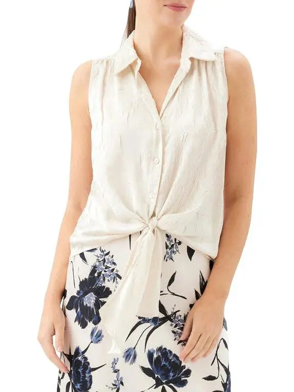 Karen Kane Sleeveless Tie Front Crushed Satin Top - Ecru