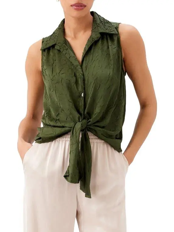 Karen Kane Sleeveless Tie Front Crushed Satin Top - Olive