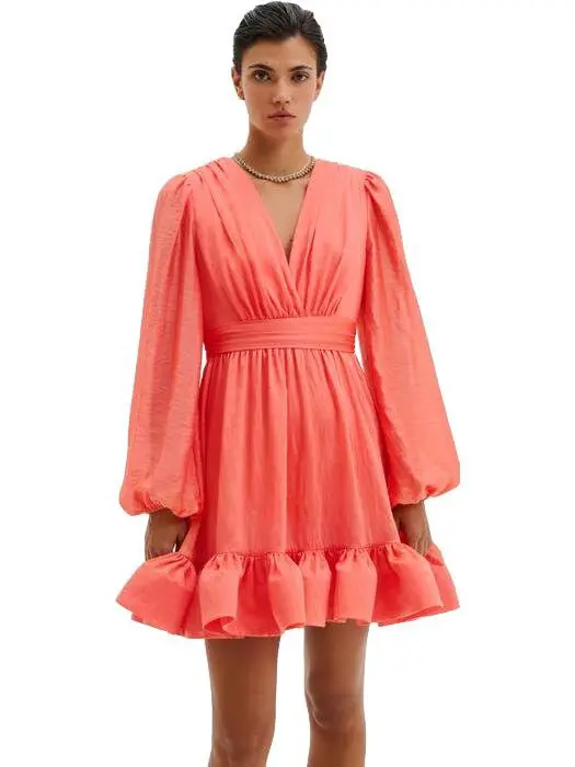 MALINA Jadie V-neck Ruffled Mini Dress - Coral