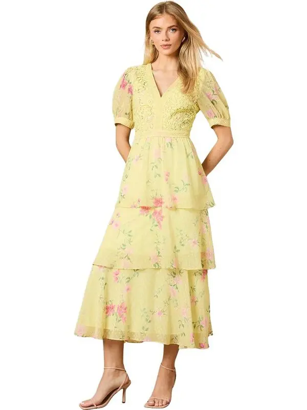 OASIS Floral Lace Tiered Midi Dress - Chartreuse