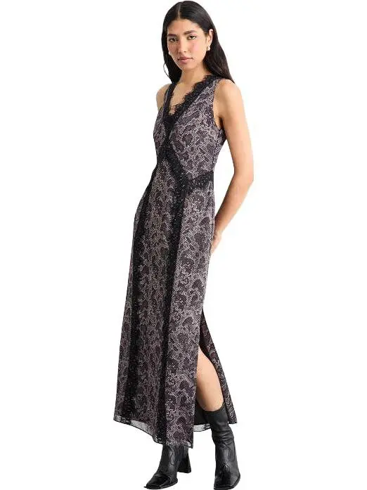 WAREHOUSE Printed Lace Trim V-neck Midi Dress - Snake