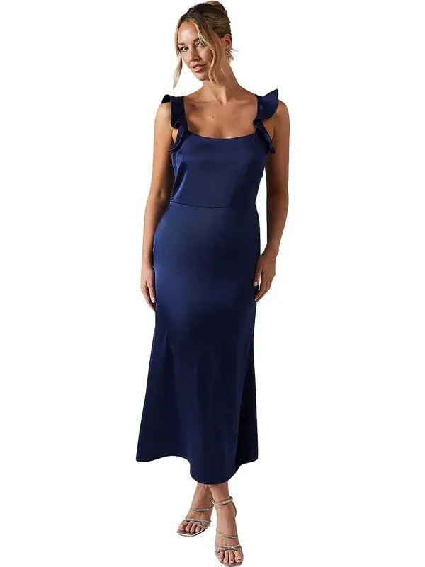 OASIS Satin Ruffled Square Neck Midi Dress - Navy