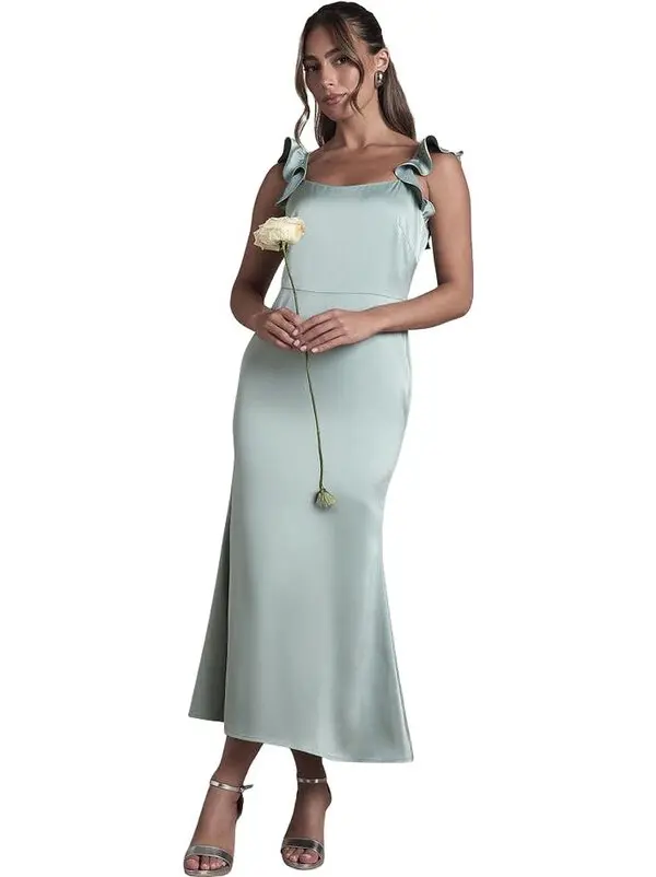 OASIS Satin Ruffled Square Neck Midi Dress - Sage