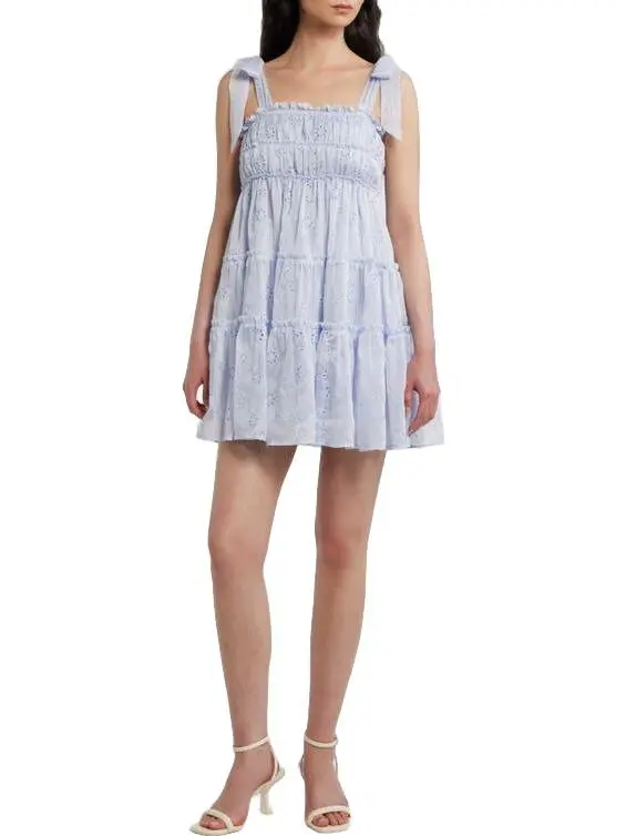 ALL IN FAVOR Tiered Eyelet Mini Sundress With Tie Straps - Light Blue