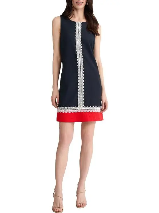 Jones New York Sleeveless Lace Trim Colorblock Shift Dress - Pacific Navy/rouge