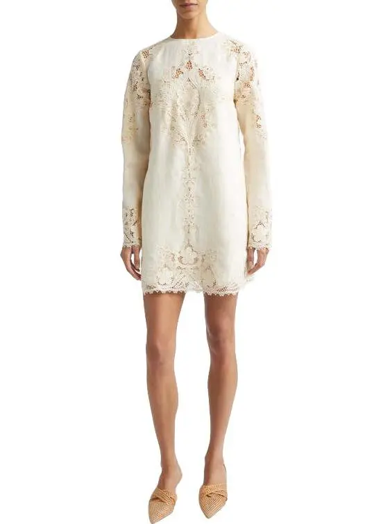 Ulla Johnson Camie Lace Long Sleeve Shift Mini Dress - Ivory