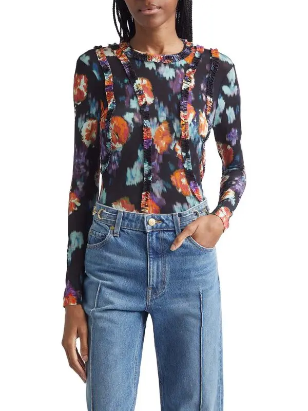 Ulla Johnson Clover Floral Frill Detail Jersey Top - Nocturne