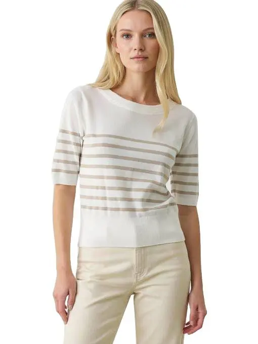 Majestic Filatures Stretch Linen Stripe Knit Boatneck 3/4 Sleeve - Desert
