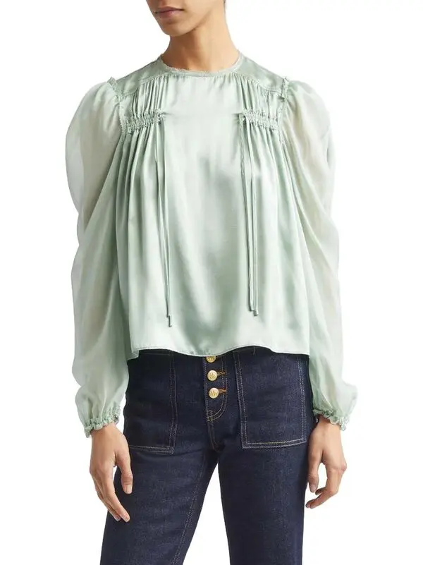 Ulla Johnson Odette Sheer Silk Balloon Sleeve Top - Celadon