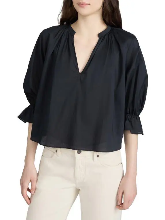FRAME Poet Ruffle Sleeve Cotton Top - Navy