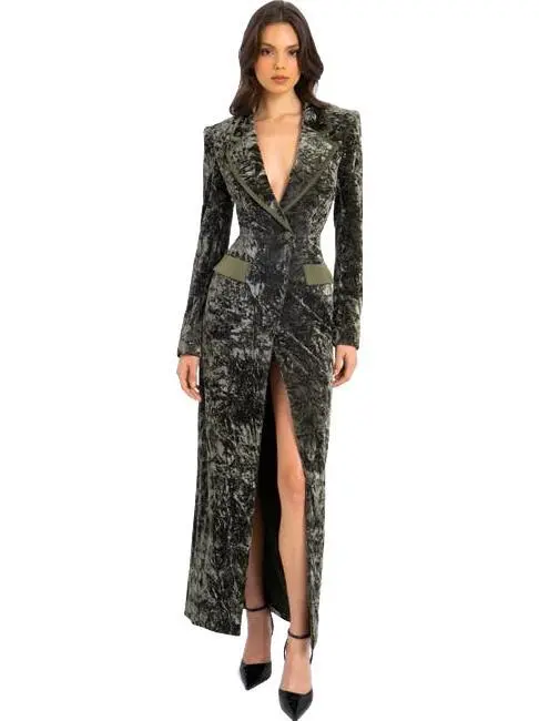MISS CIRCLE NEW YORK Willow Glossy Stretch Velvet High Slit Blazer Gown - Green