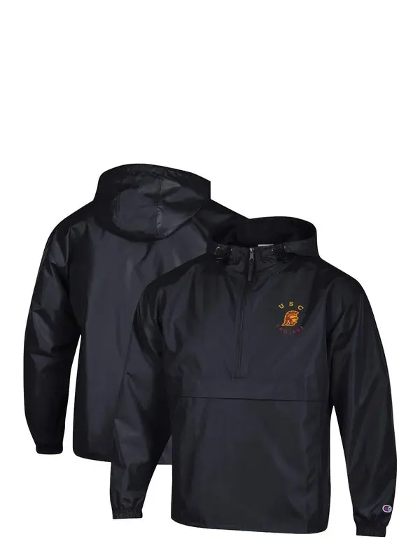 Champion Usc Trojans Packable Hooded Windbreaker Half-zip Jacket - Black