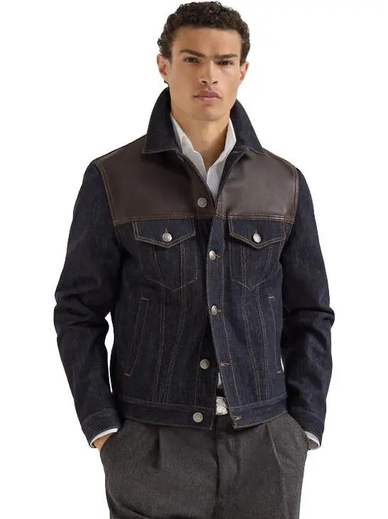 Brunello Cucinelli Paneled Denim And Leather Jacket - Blue