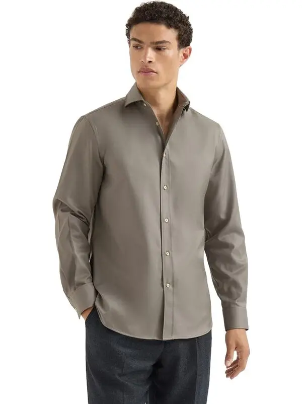 Brunello Cucinelli Garment-dyed Twill Shirt With Spread Collar - Brown