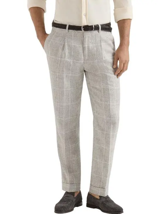 Brunello Cucinelli Linen Prince Of Wales Pleated Trousers - Panama