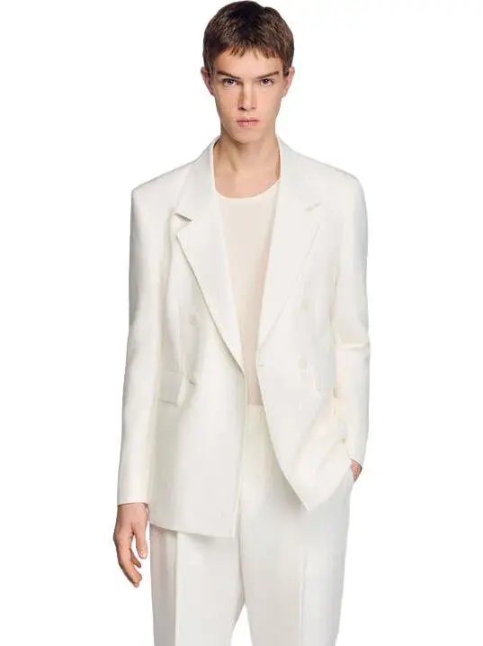 Sandro Double-breasted Linen Suit Jacket - White