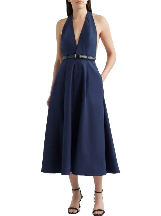 FREEMARKET Plunge Halter Neck Belted Midi Dress - Navy