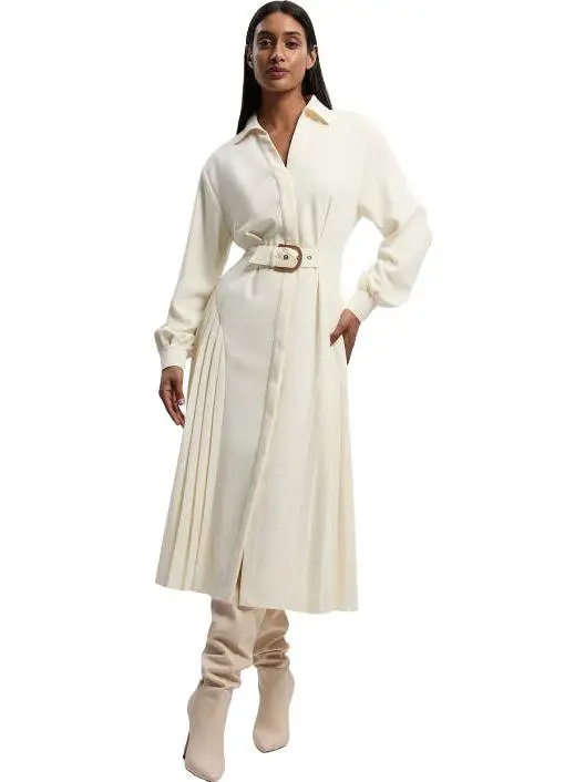 Karen Millen Tailored Crepe Belted Pleated Midi Shirt Dress - Ivory