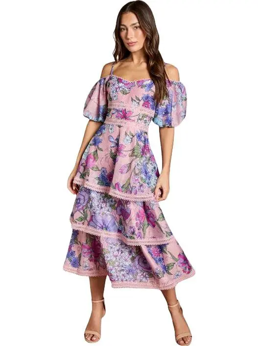 Coast Printed Organza Lace Cold Shoulder Midi Dress - Pink