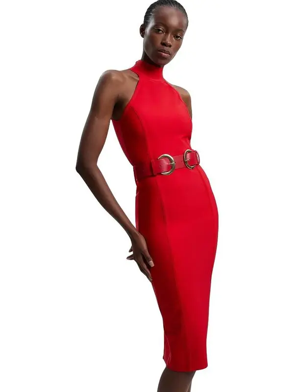 Karen Millen High Neck Buckle Trim Midi Dress - Red