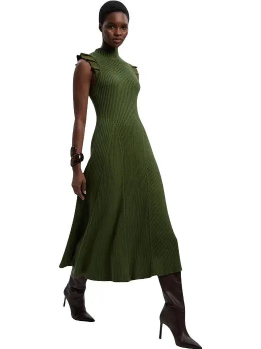Karen Millen Pointelle Frill Sleeve Knit Midi Dress - Olive