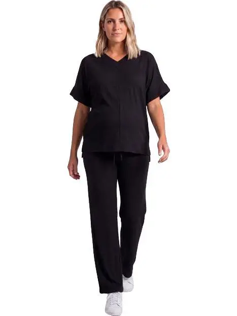 24SEVEN COMFORT APPAREL Maternity Ribbed Knit Dolman Sleeve V-neck Top And Drawstring Wide Leg Pant Set - Black