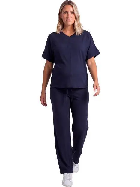 24SEVEN COMFORT APPAREL Maternity Ribbed Knit Dolman Sleeve V-neck Top And Drawstring Wide Leg Pant Set - Navy