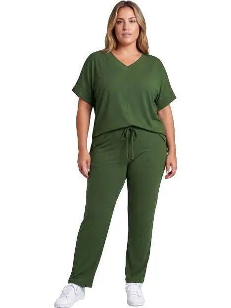 24SEVEN COMFORT APPAREL Ribbed Knit Dolman Sleeve V-neck Top And Drawstring Wide Leg Pant Set - Kiwi