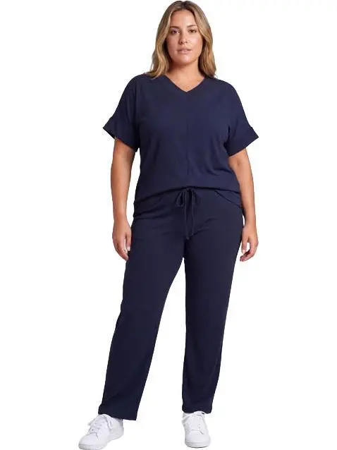 24SEVEN COMFORT APPAREL Ribbed Knit Dolman Sleeve V-neck Top And Drawstring Wide Leg Pant Set - Navy