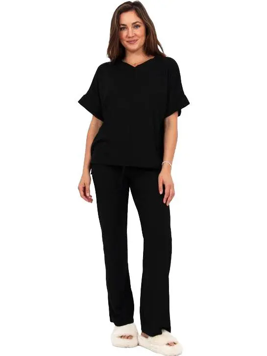 24SEVEN COMFORT APPAREL Ribbed Knit V-neck Dolman Sleeve Top And Drawstring Wide Leg Pant Set - Onyx