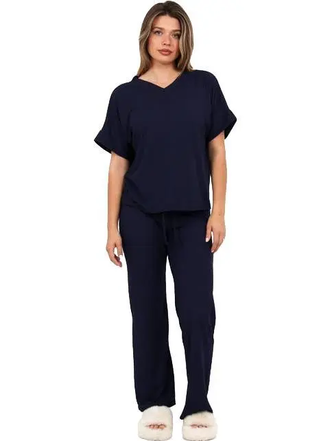 24SEVEN COMFORT APPAREL Ribbed Knit V-neck Dolman Sleeve Top And Drawstring Wide Leg Pant Set - Navy
