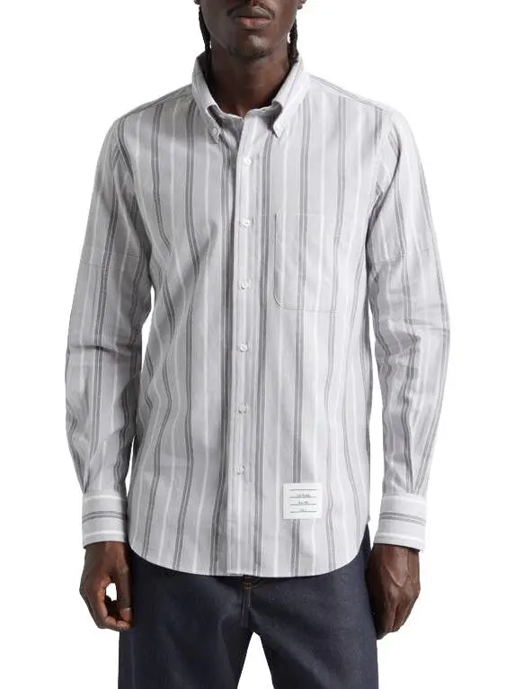 Thom Browne Straight Fit Stripe Cotton Button-down Shirt - Medium Grey