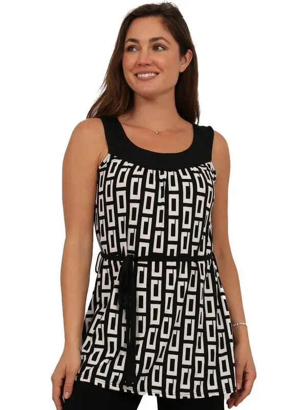 24SEVEN COMFORT APPAREL Sleeveless Geometric Print Scoop Neck Tunic Top With Waist Tie - Black Multi