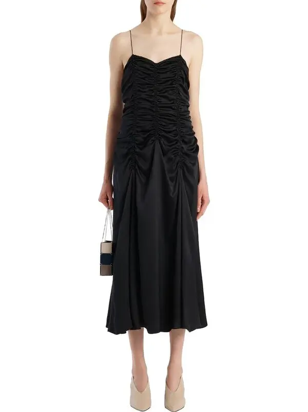 Khaite Raina Ruched Silk Midi Slipdress - Black