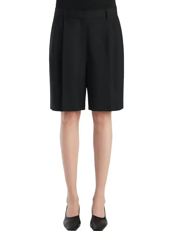 Khaite Auggie Pleated Wool Wide Leg Shorts - Black