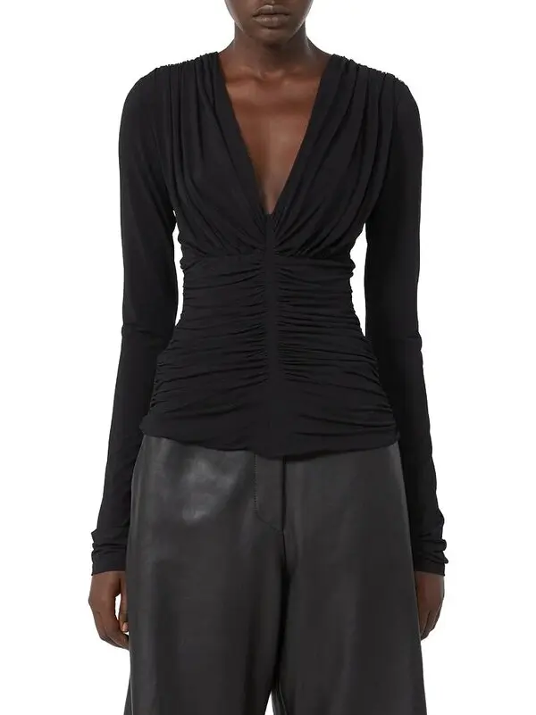 Sportmax Ruched V-neck Long Sleeve Jersey Top - Black