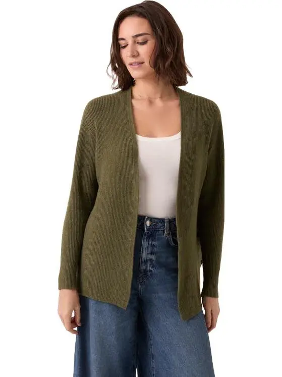 CELTIC & CO. Longline Ribbed Knit Open Front Cardigan - Olive