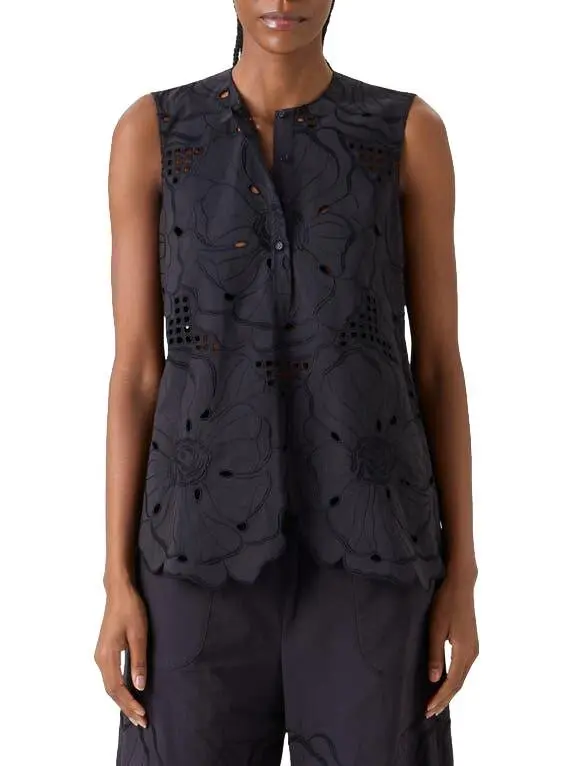 Akris Flower Eyelet Sleeveless Cotton Poplin Top - Black