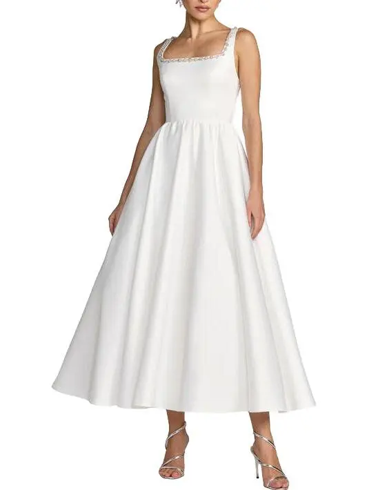 Mac Duggal Beaded Satin Sleeveless Midi Dress With Pockets - Ivory