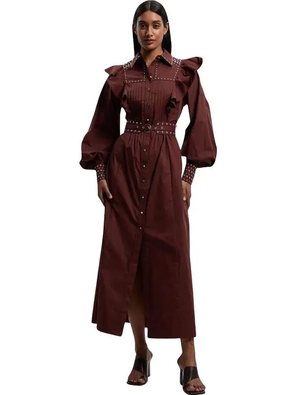 Karen Millen Cotton Studded Maxi Shirt Dress - Chocolate