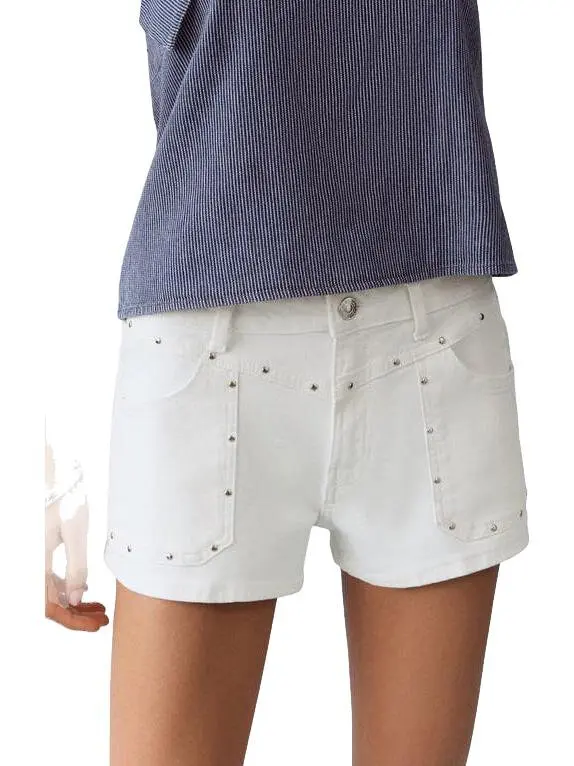 Mango Low Rise Studded Denim Shorts - White