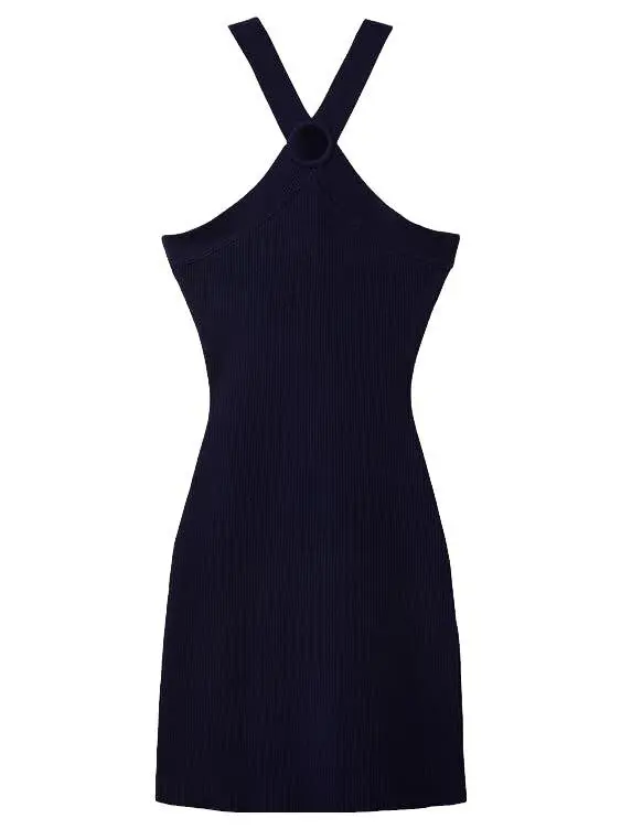 Mango Ribbed Halterneck O-ring Dress - Navy