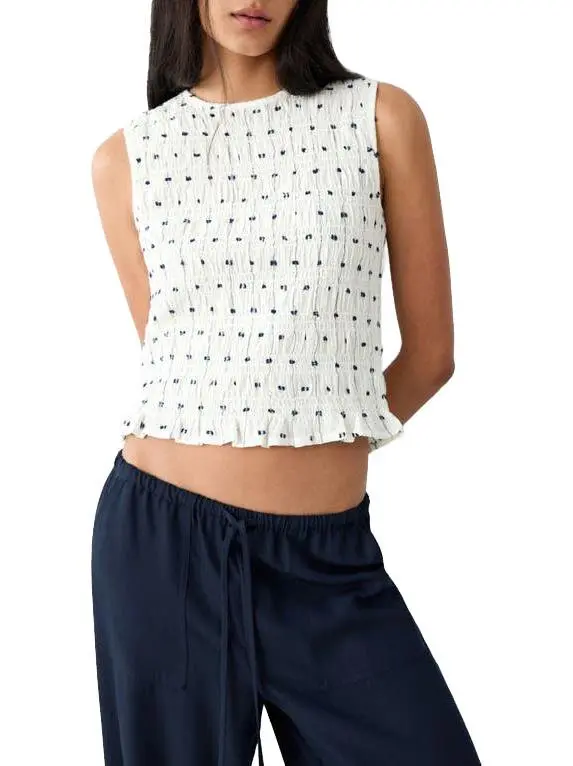 Mango Embroidered Ruched Shell Top With Bow Closures - Off White