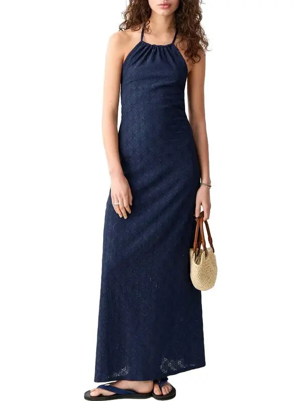 Mango Embroidered Halter Neck Denim Maxi Dress - Navy
