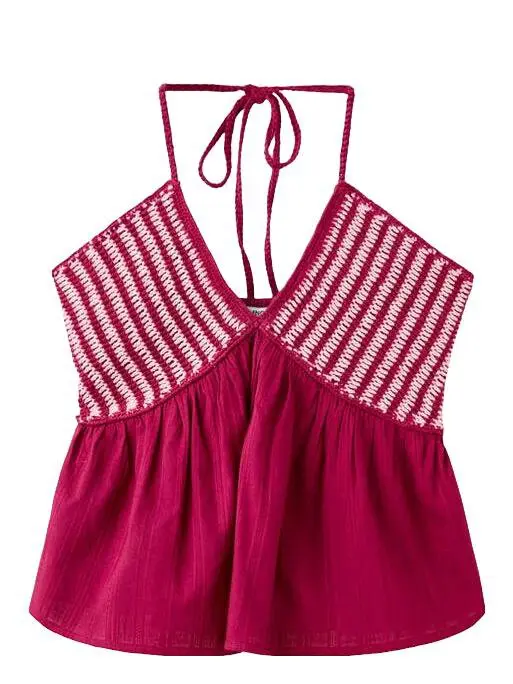 Mango Mixed Media Cotton Crochet Halter Top - Maroon