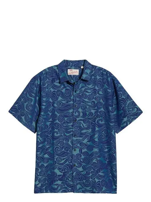 KAHALA Makani Nui Jacquard Short Sleeve Button-up Shirt - Navy