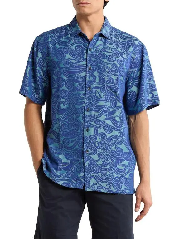 KAHALA Makani Nui Jacquard Short Sleeve Button-up Shirt - Navy