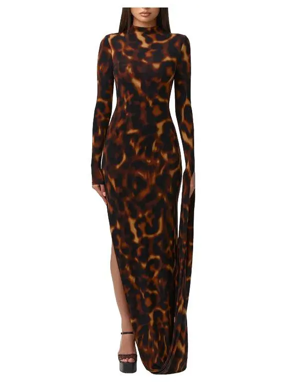 Naked Wardrobe Long Sleeve Leopard Print Maxi Dress - Tortoise